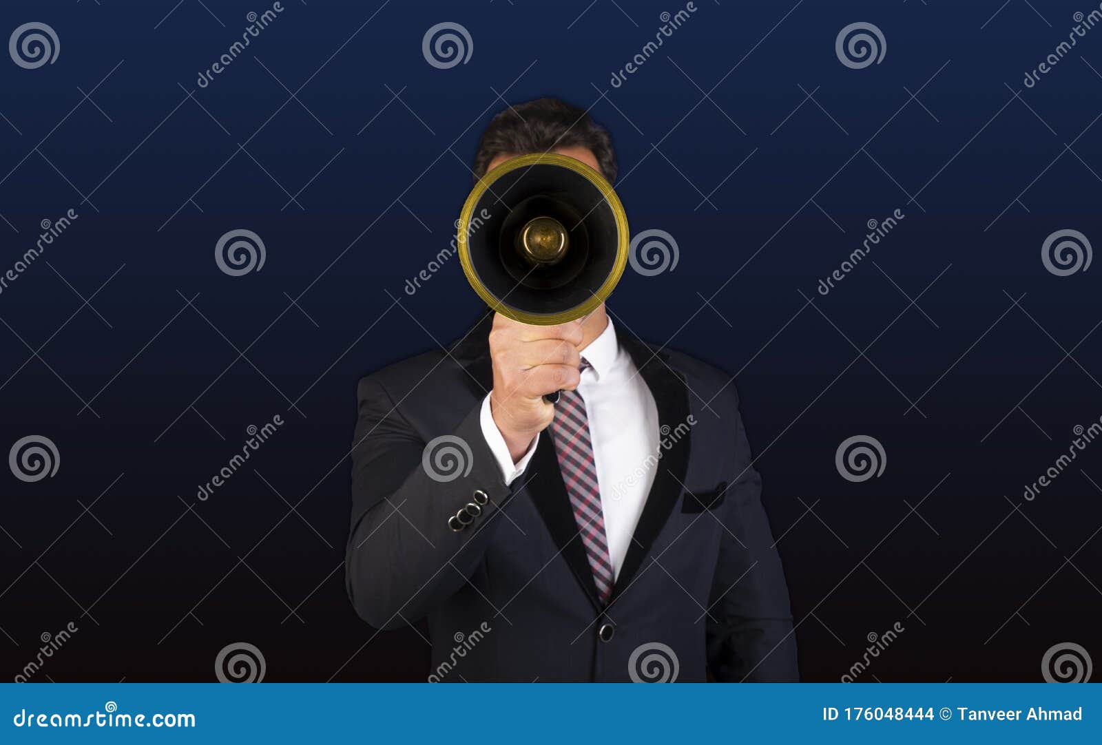 Businessman Holding Electric Megaphone in Front of His Face Stock Photo ...