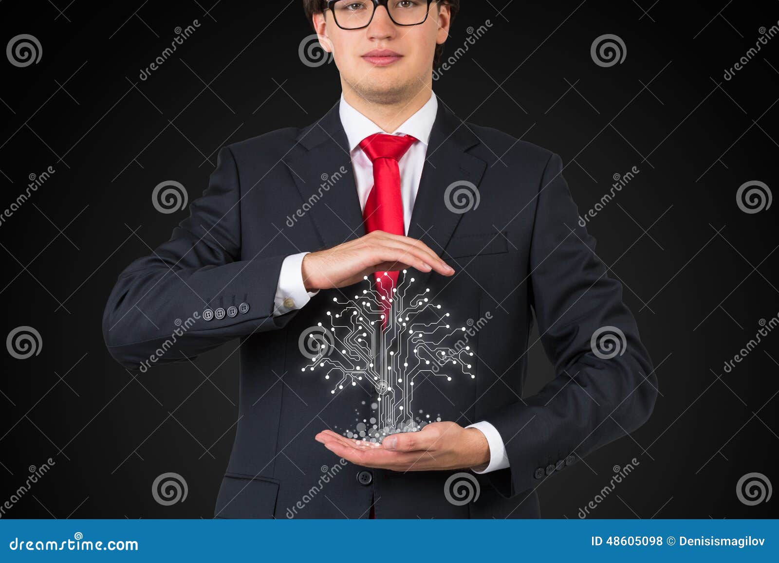 Businessman Holding Electronics Tree Stock Photo - Image of business ...
