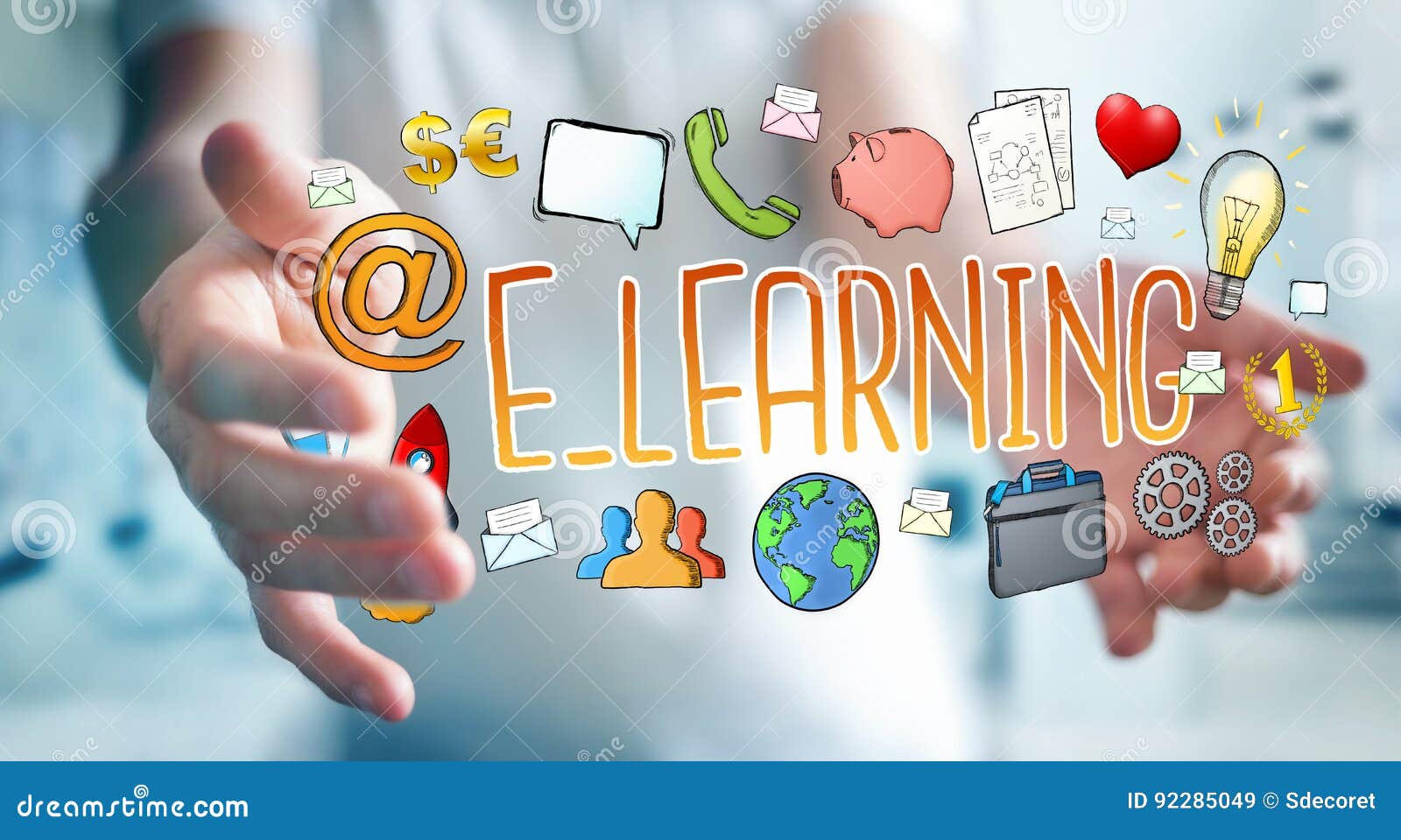 Businessman Holding Hand-drawn E-learning Presentation Stock ...