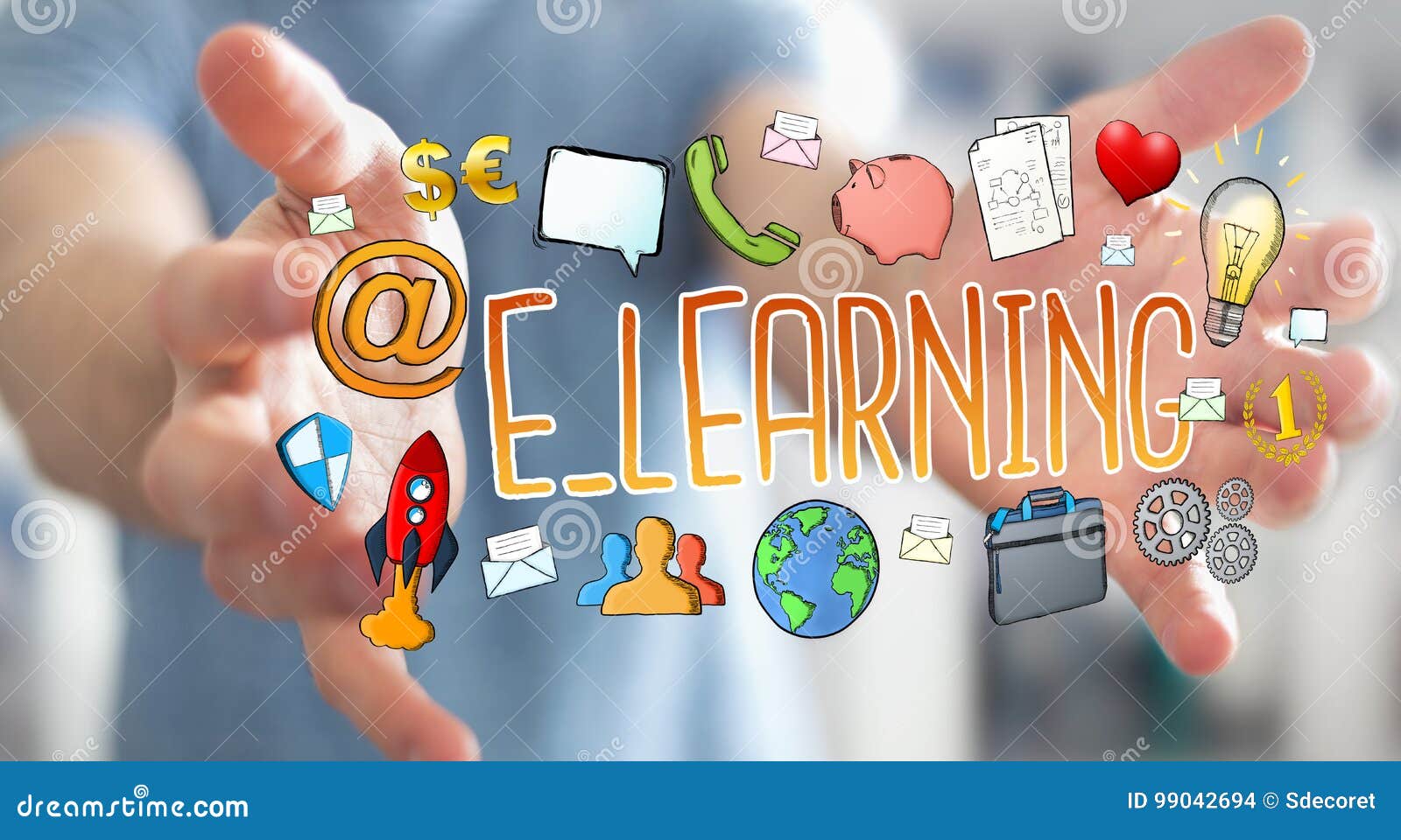 Businessman Holding Hand-drawn E-learning Presentation Stock Illustration - Illustration of ...