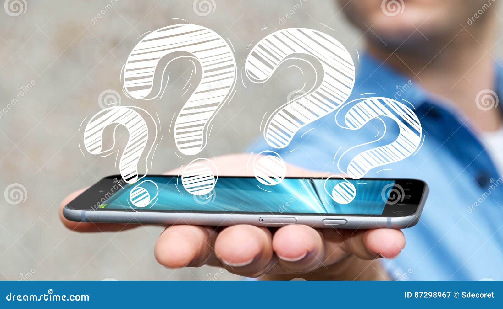 Businessman Holding Hand Drawn Question Marks Over Phone Stock ...