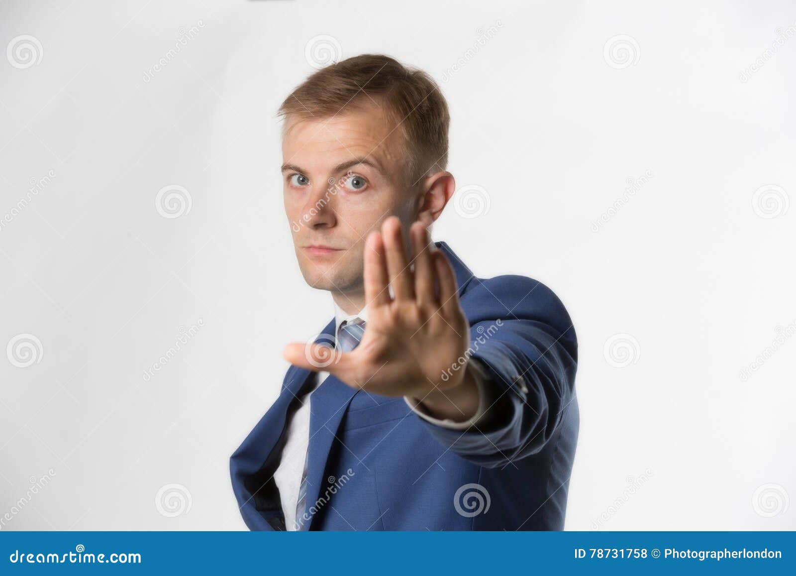 Businessman Holding Hand Up and Saying Stop Stock Photo - Image of open ...