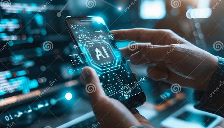 Businessman Holding an IPad with AI Icons Floating in Digital Interface ...