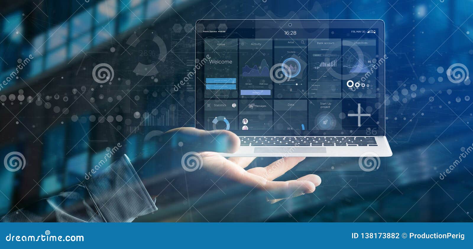 Businessman Holding Laptop with Business User Interface Data on the ...