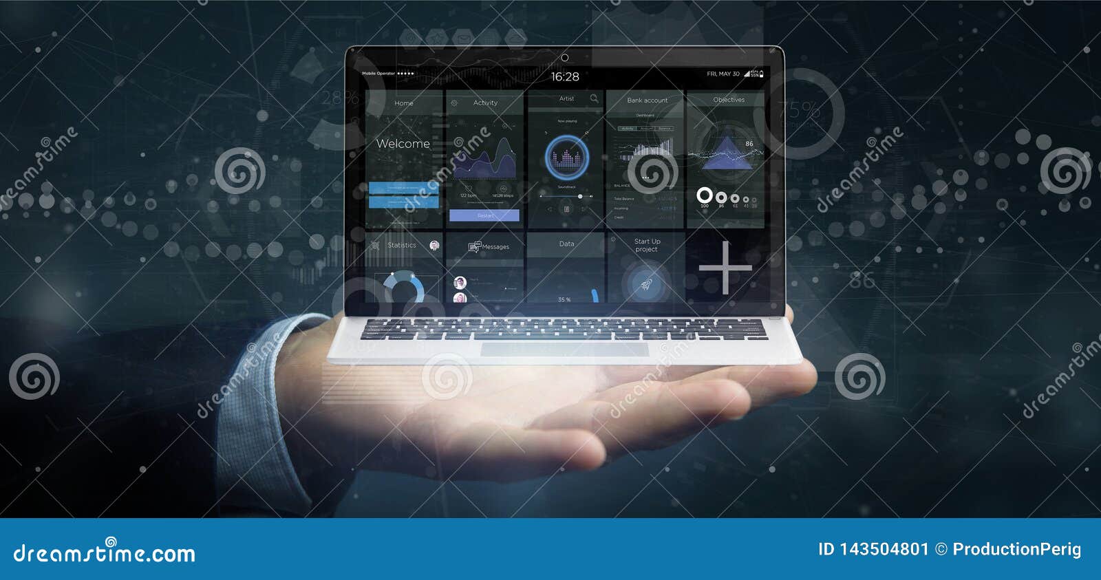 Businessman Holding Laptop with Business User Interface Data on the ...