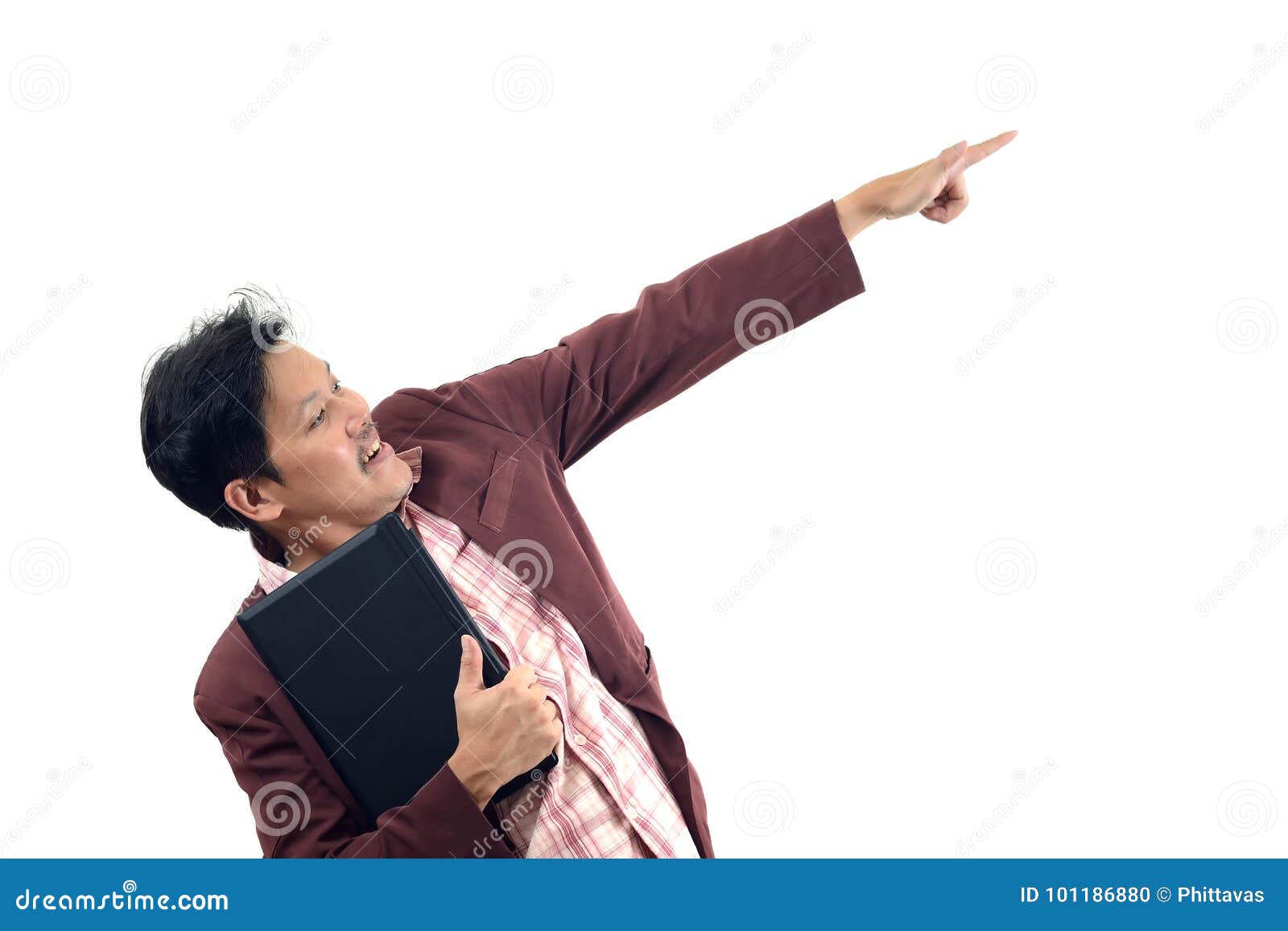 Businessman Holding a Laptop and Pointing and Looking To His Sid Stock ...