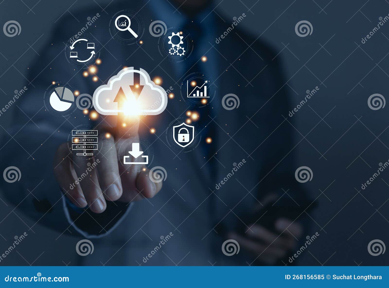 Businessman Holding a Light Bulb Showing a Diagram of Cloud Computing ...