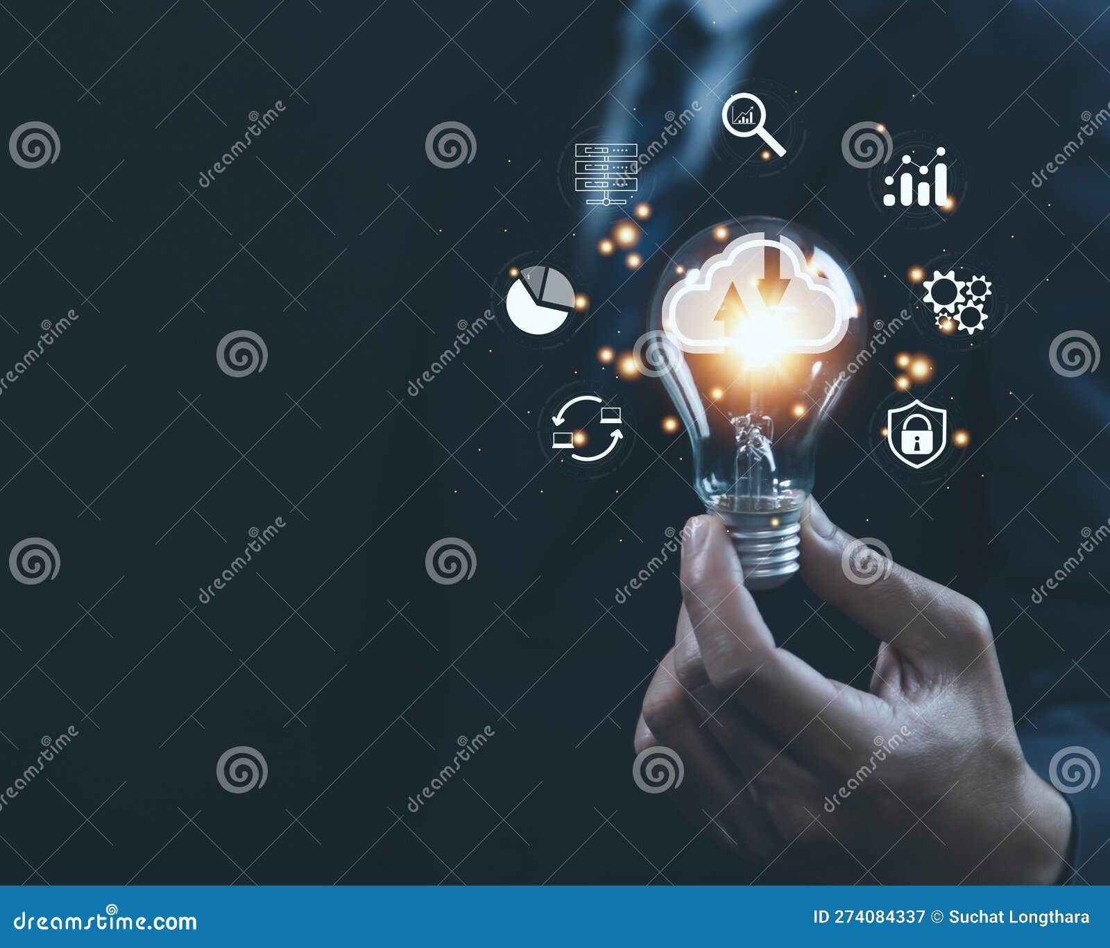 Businessman Holding a Light Bulb Showing a Diagram of Cloud Computing ...