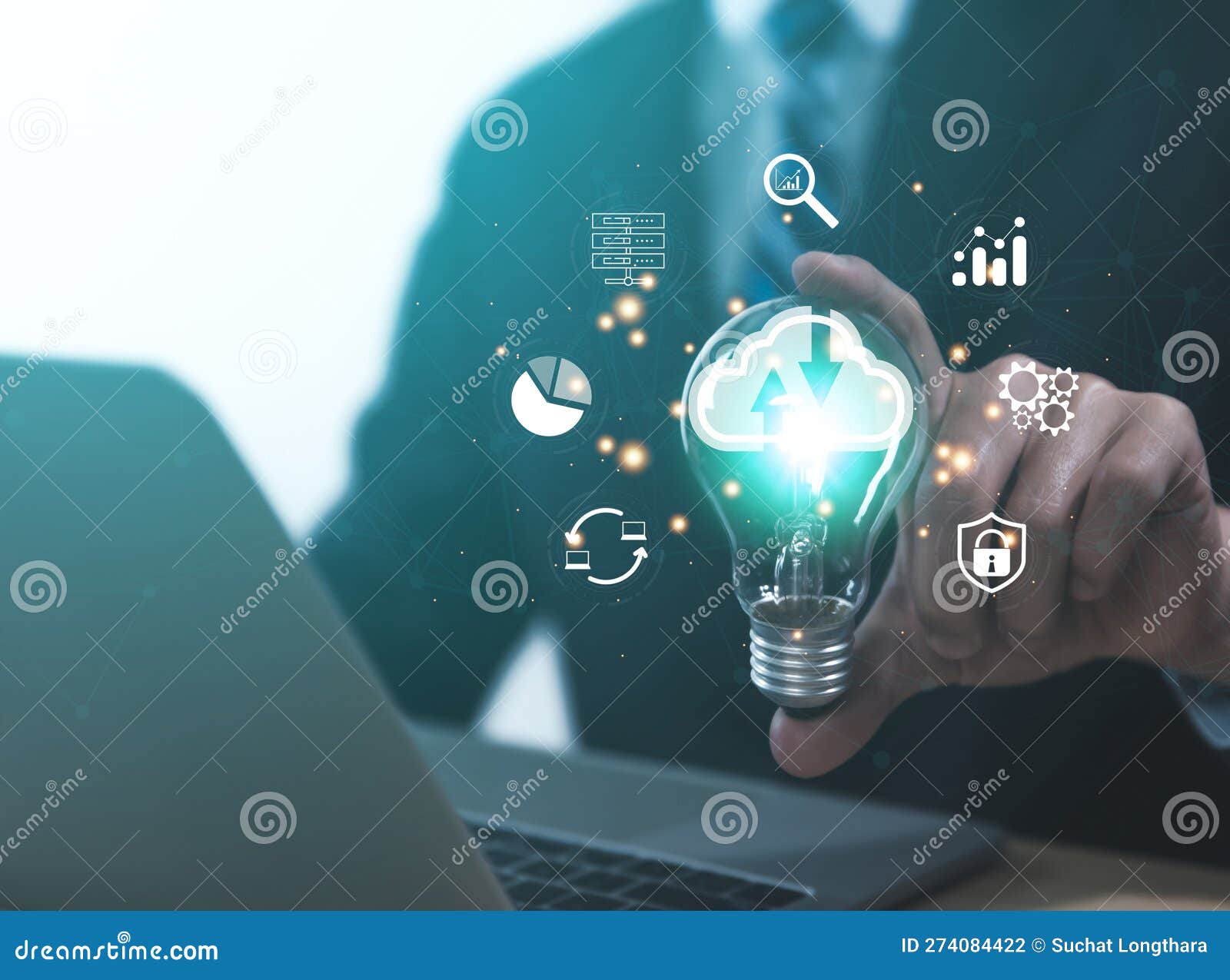 Businessman Holding a Light Bulb Showing a Diagram of Cloud Computing ...