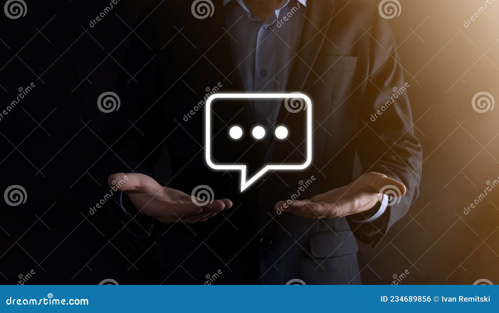 Businessman Holding a Message Icon, Bubble Talk Notification Sign in ...