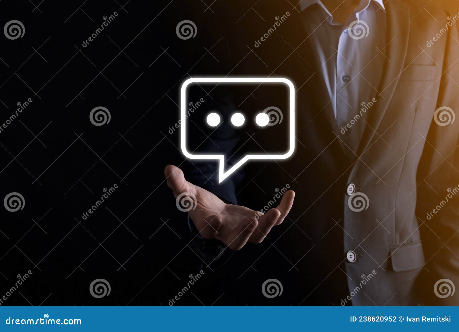 Businessman Holding a Message Icon, Bubble Talk Notification Sign in ...