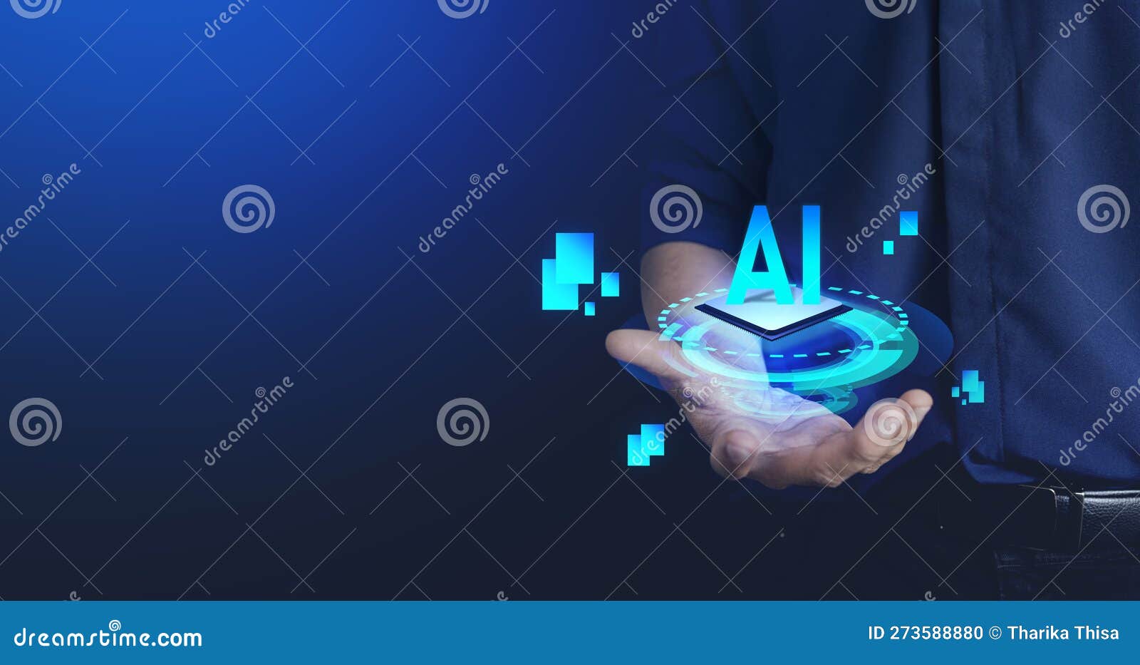 Businessman Holding Microchip Processor with Lights on the Blue ...