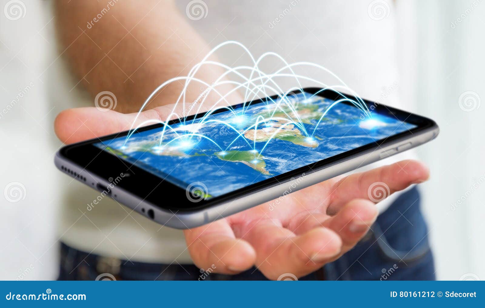 Businessman Holding Mobile Phone with Internet Connection 3D Rendering ...