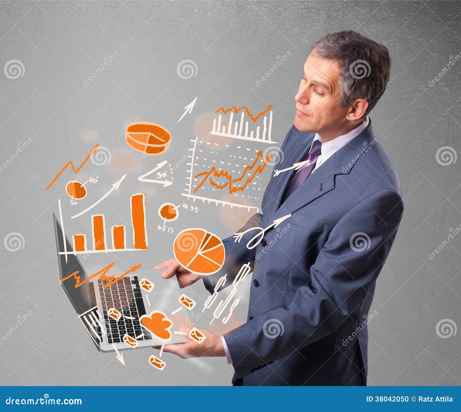 Businessman Holding Notebook with Graphs and Statistics Stock Photo ...