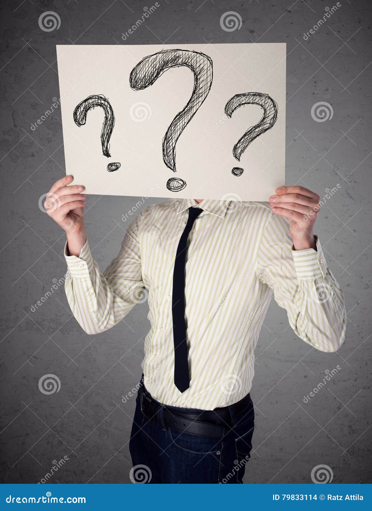 Businessman Holding a Paper with Question Marks in Front of His Stock ...