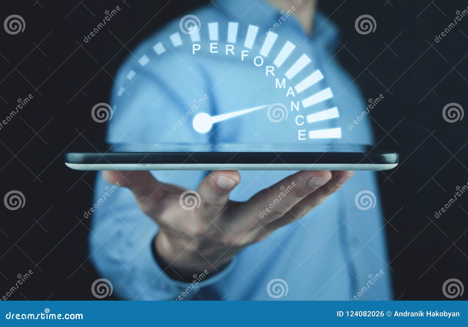 Businessman Holding Performance Speedometer. Business Concept Stock ...