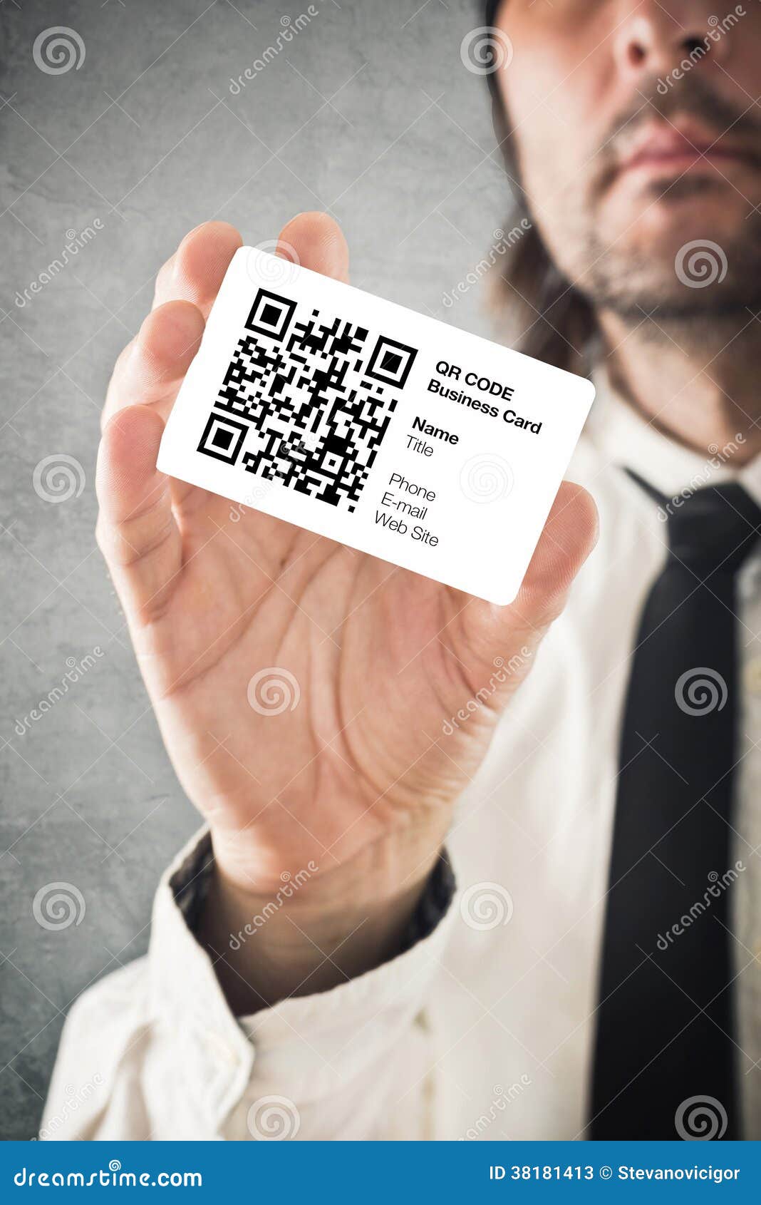 Businessman Holding QR Code Business Card Stock Image - Image of ...