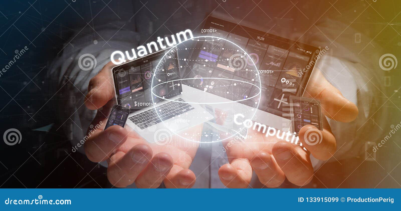 Businessman Holding Quantum Computing Concept with Qubit and Devices 3d ...