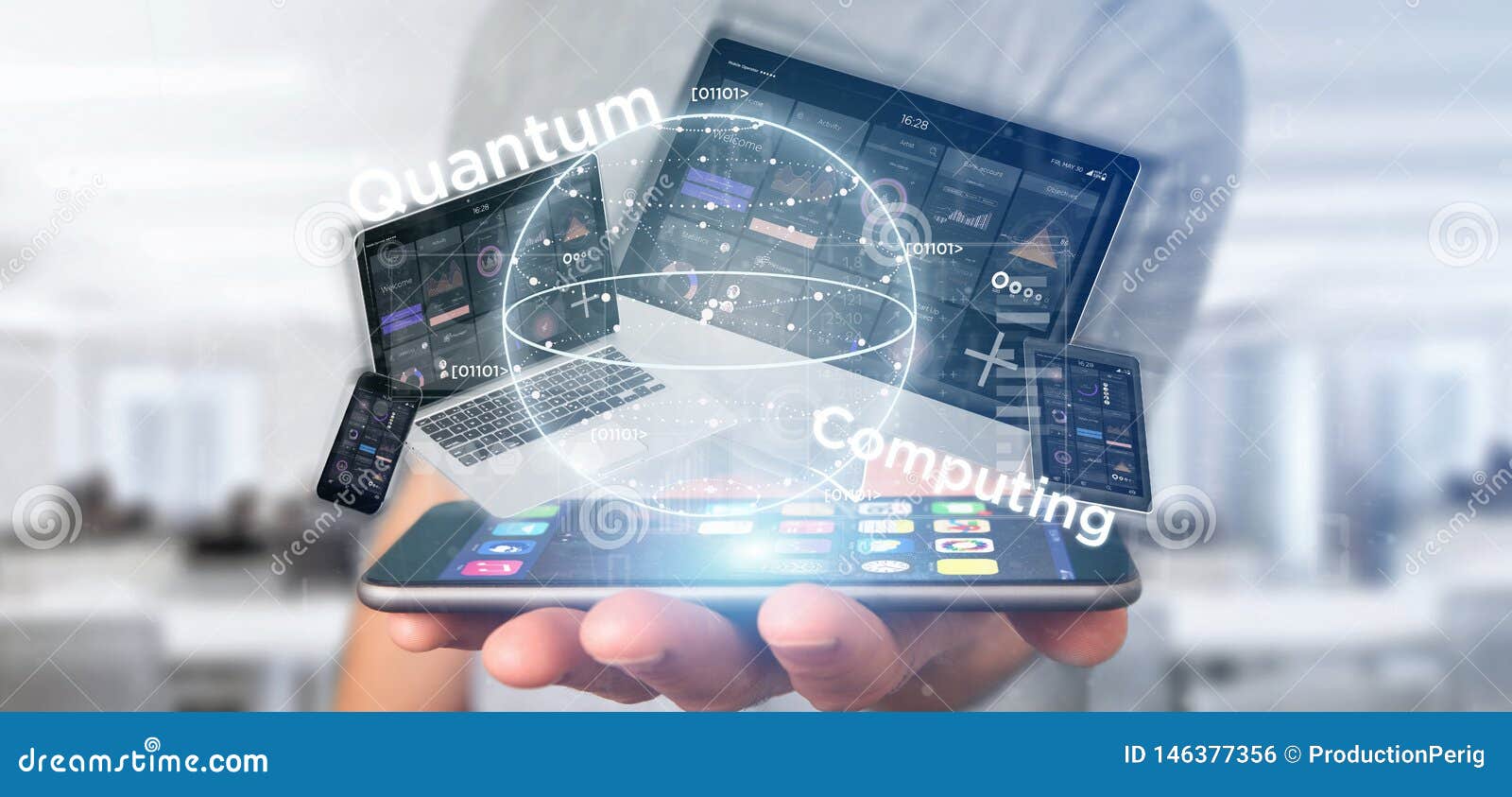 Businessman Holding Quantum Computing Concept with Qubit and Devices 3d ...