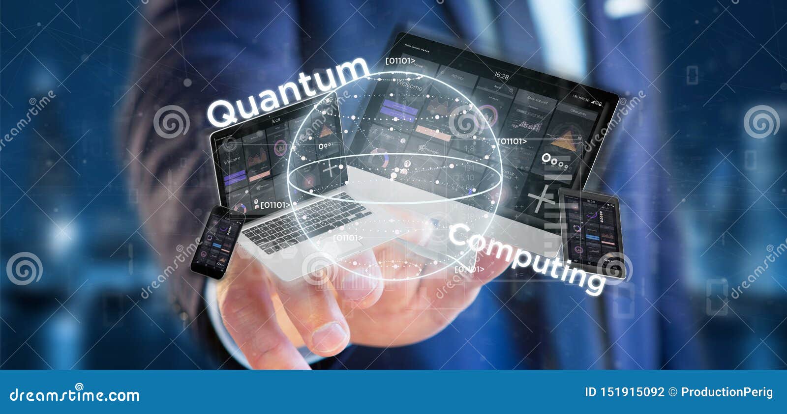 Businessman Holding Quantum Computing Concept with Qubit and Devices 3d ...