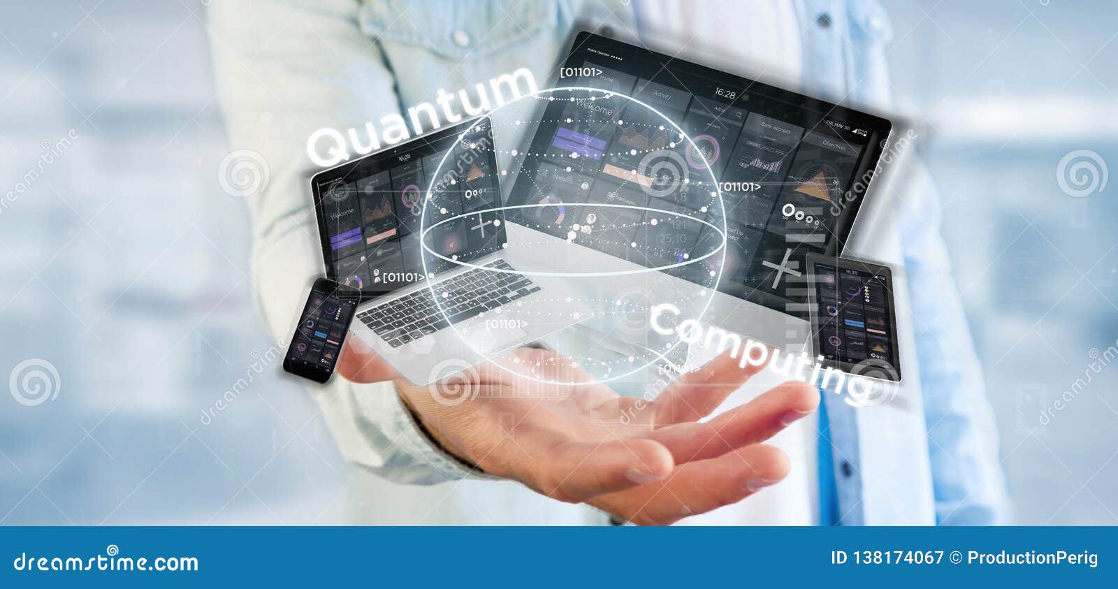 Businessman Holding Quantum Computing Concept with Qubit and Devices 3d ...