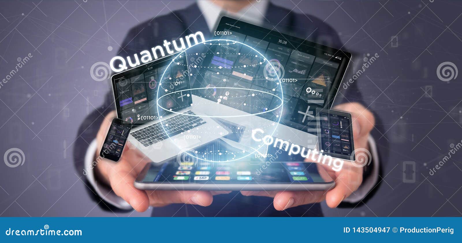 Businessman Holding Quantum Computing Concept with Qubit and Devices 3d ...