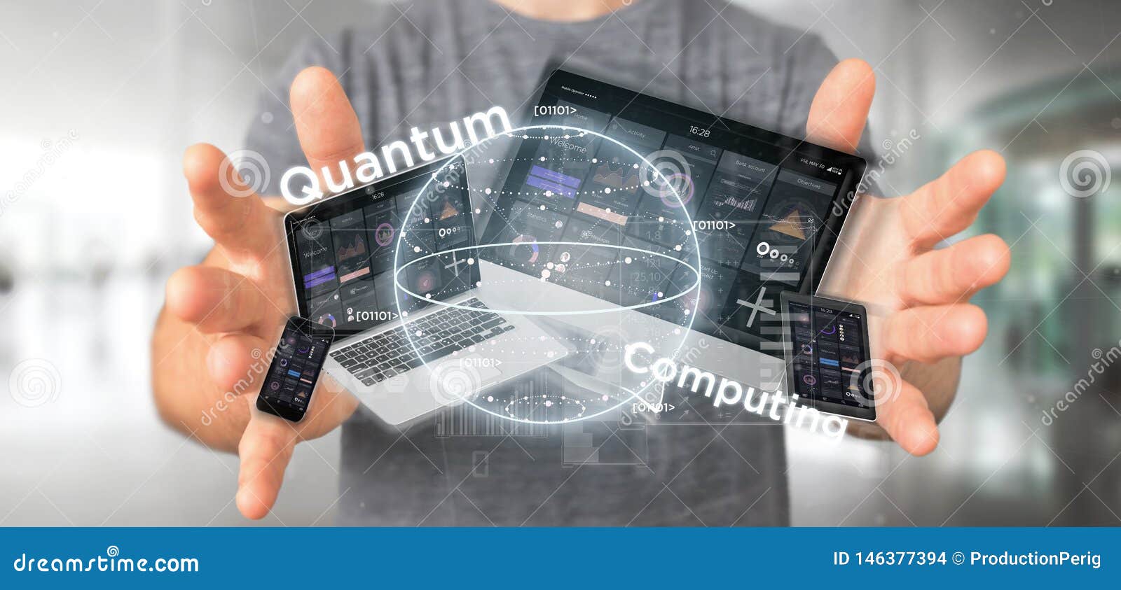 Businessman Holding Quantum Computing Concept with Qubit and Devices 3d ...