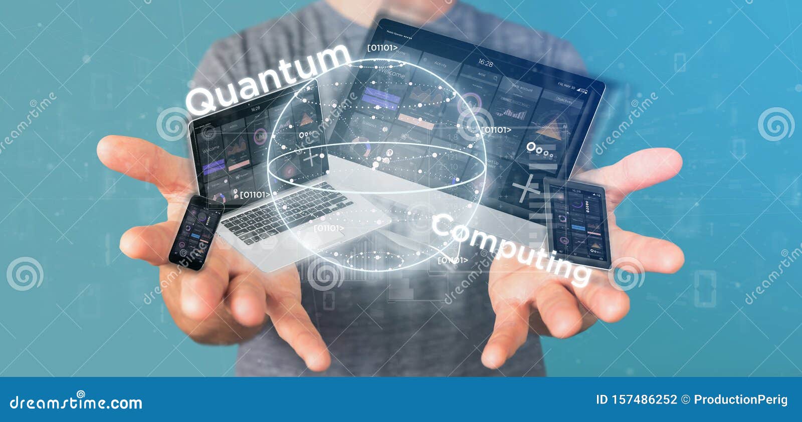 Businessman Holding Quantum Computing Concept with Qubit and Devices 3d ...