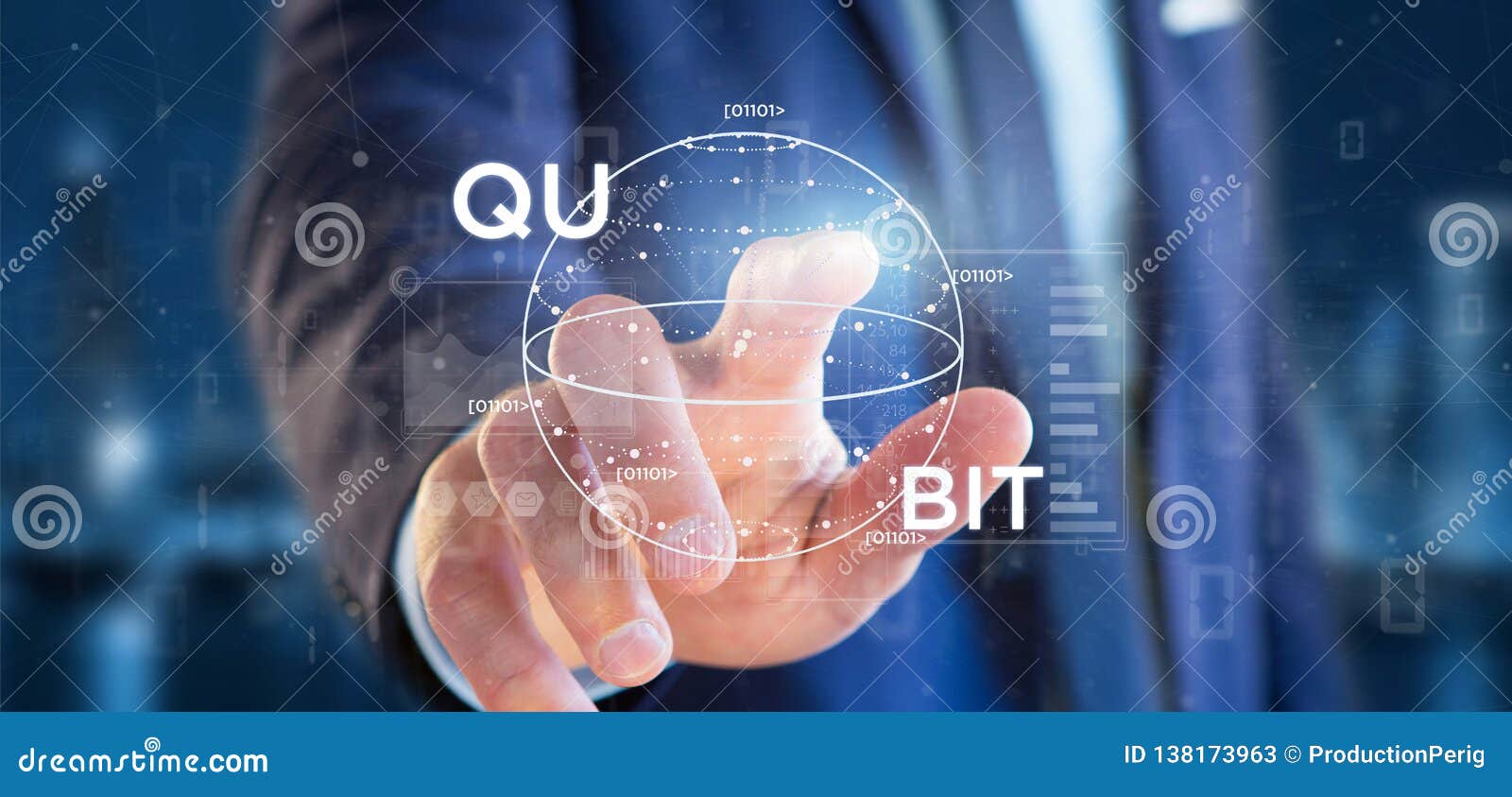 Businessman Holding Quantum Computing Concept with Qubit Icon 3d ...