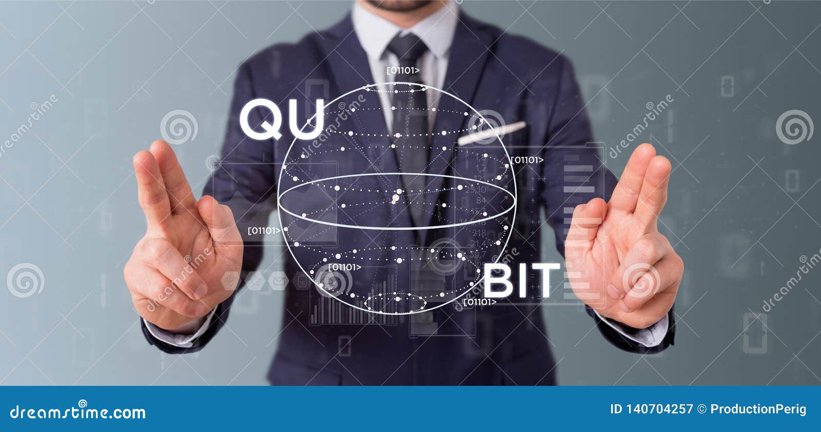 Businessman Holding Quantum Computing Concept with Qubit Icon 3d ...