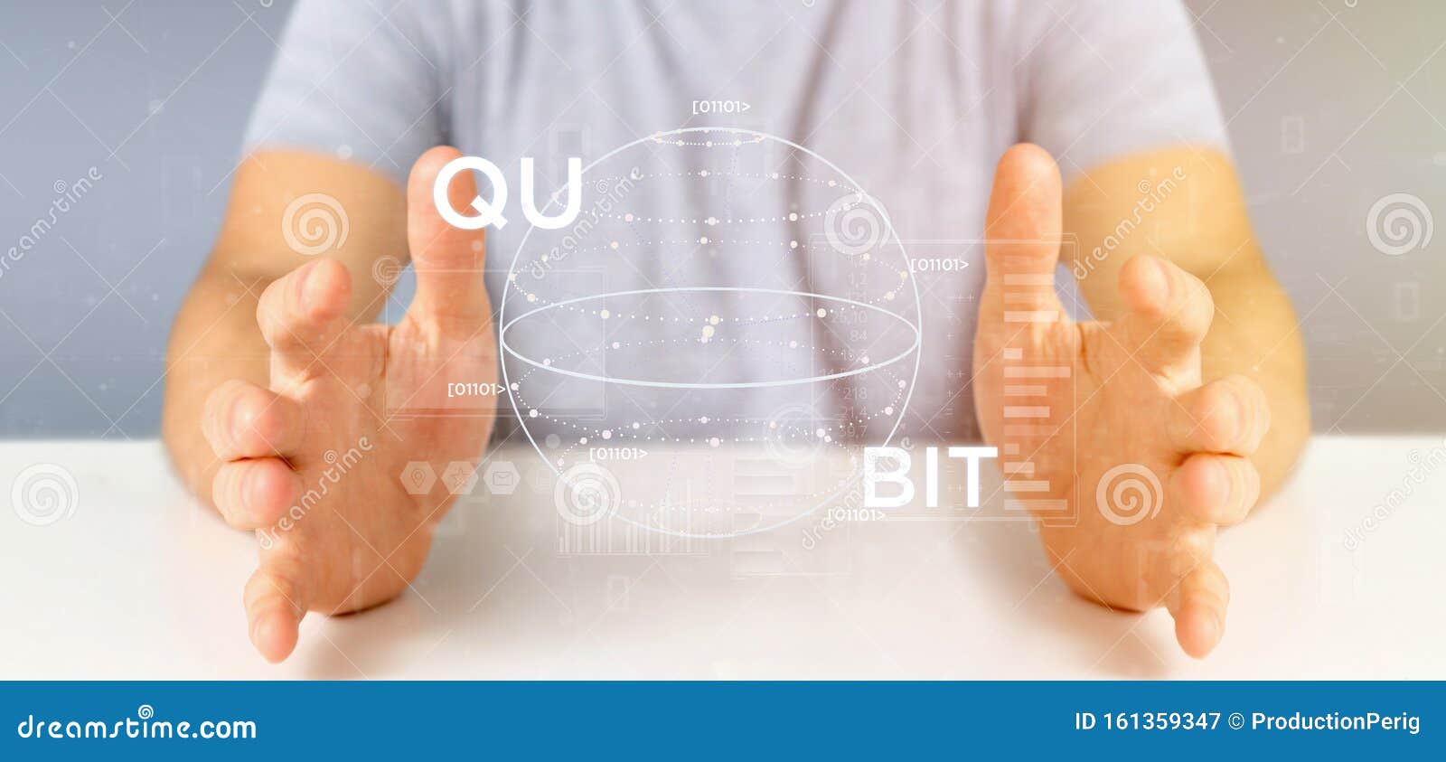 Businessman Holding Quantum Computing Concept with Qubit Icon 3d ...