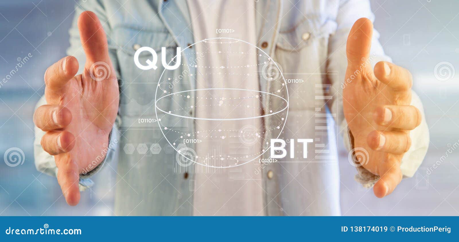 Businessman Holding Quantum Computing Concept with Qubit Icon 3d ...