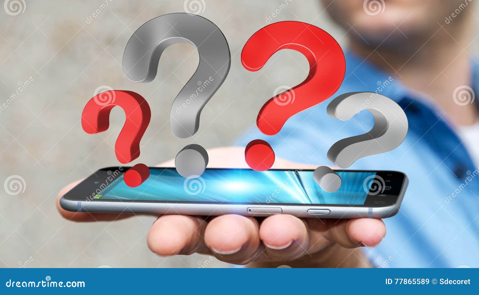 Businessman Holding Question Marks Over Phone 3D Rendering Stock ...