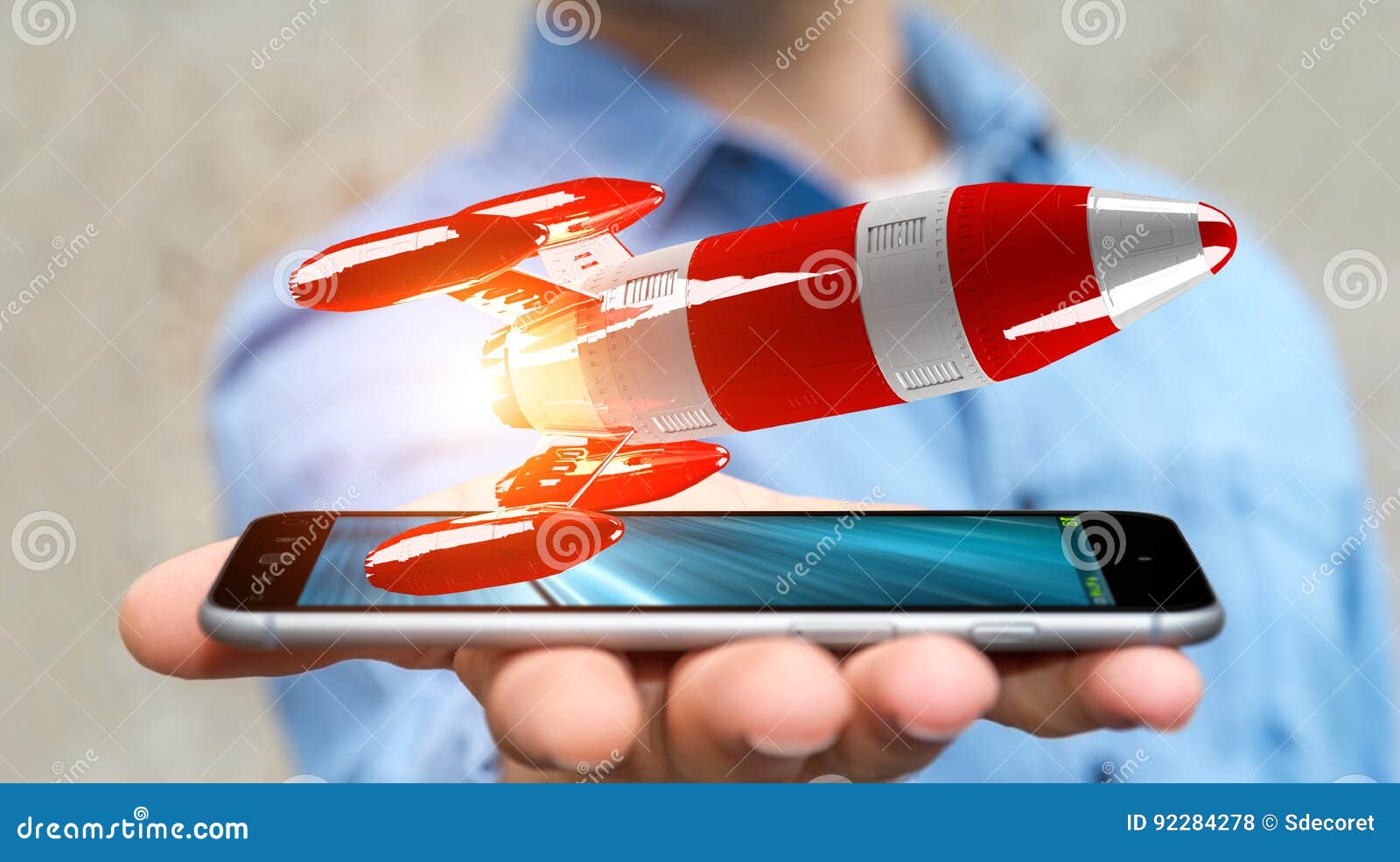 Businessman Holding Red Rocket in His Hand 3D Rendering Stock ...