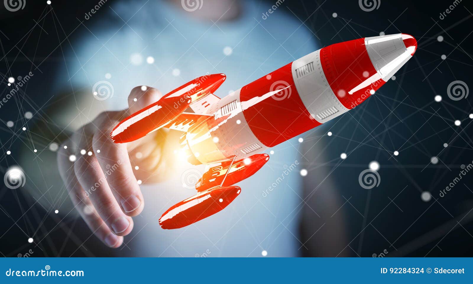 Businessman Holding Red Rocket in His Hand 3D Rendering Stock ...