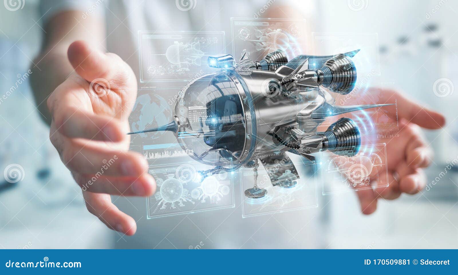Businessman Holding Retro Spaceship in His Hands 3D Rendering Stock ...