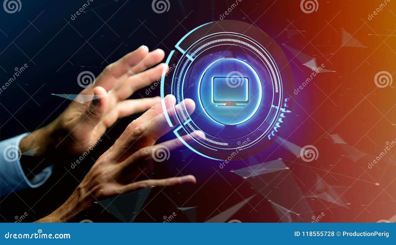 Businessman Holding a Shinny Technologic Computer Button - 3d Re Stock ...