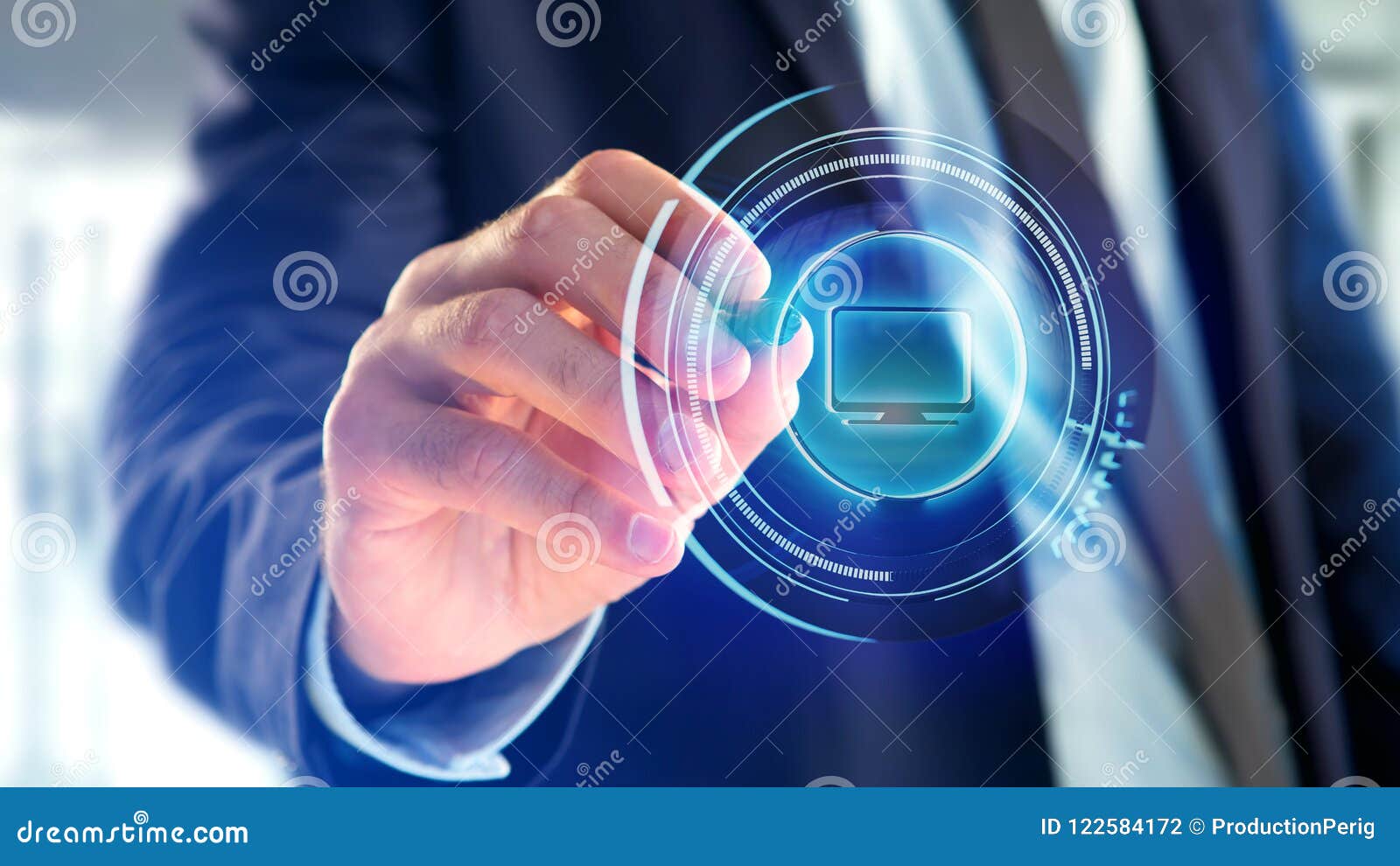Businessman Holding a Shinny Technologic Computer Button - 3d Re Stock ...