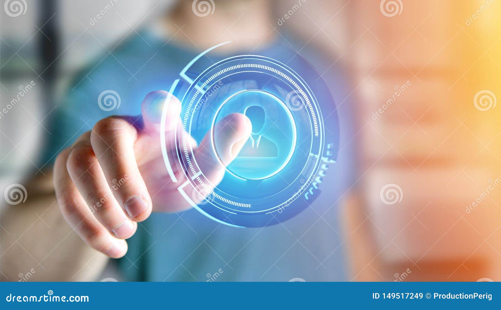 Businessman Holding a Shinny Technologic Network Contact Button - 3d ...