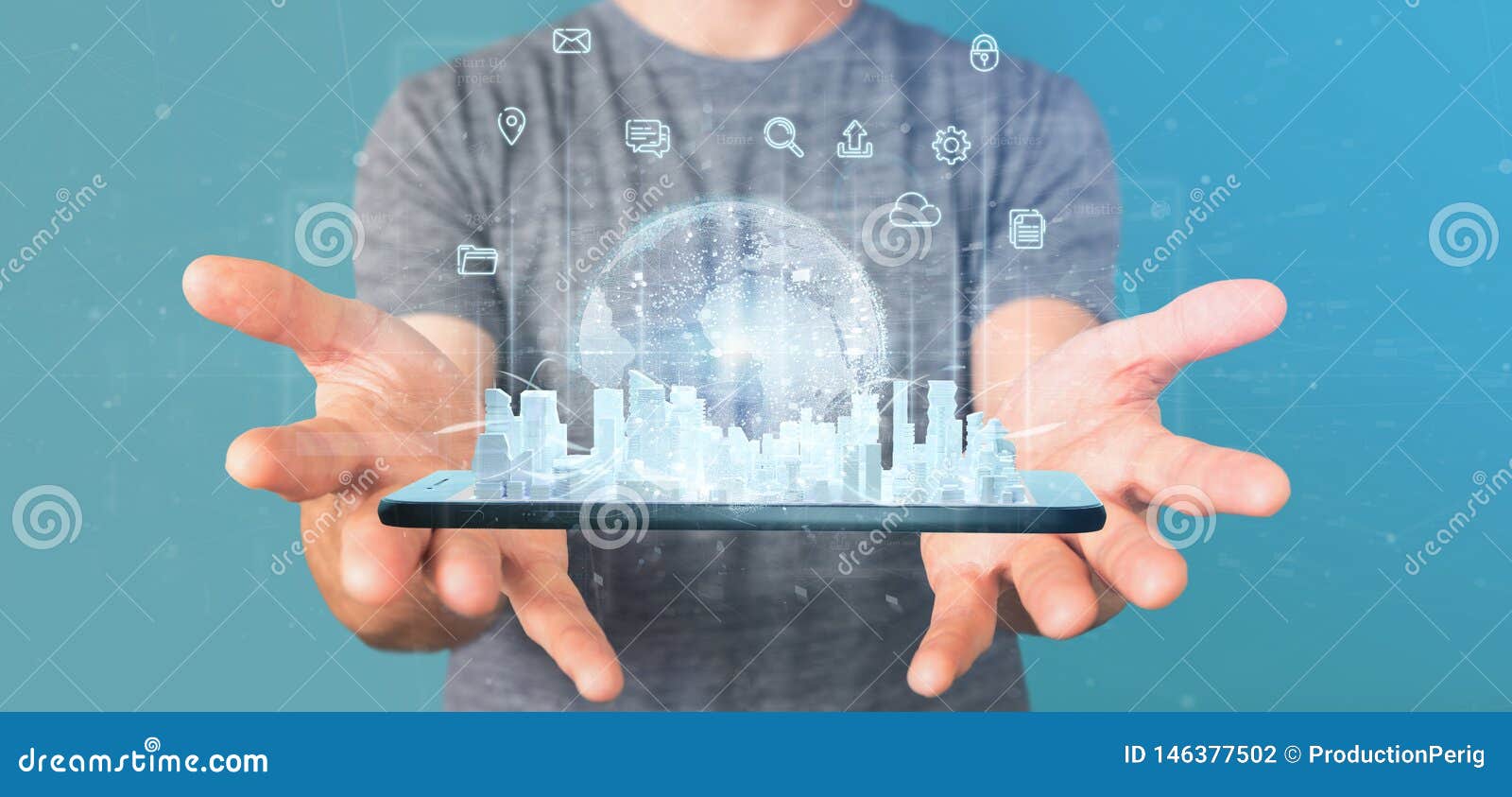 Businessman Holding Smart City User Interface with Icon, Stats and Data ...