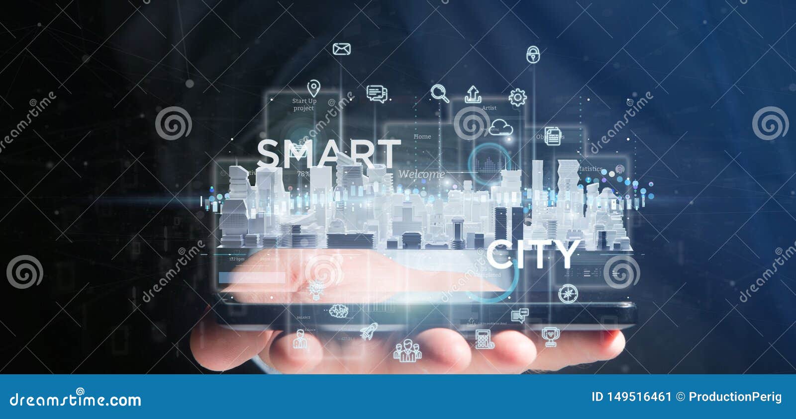 Businessman Holding Smart City User Interface with Icon, Stats and Data ...