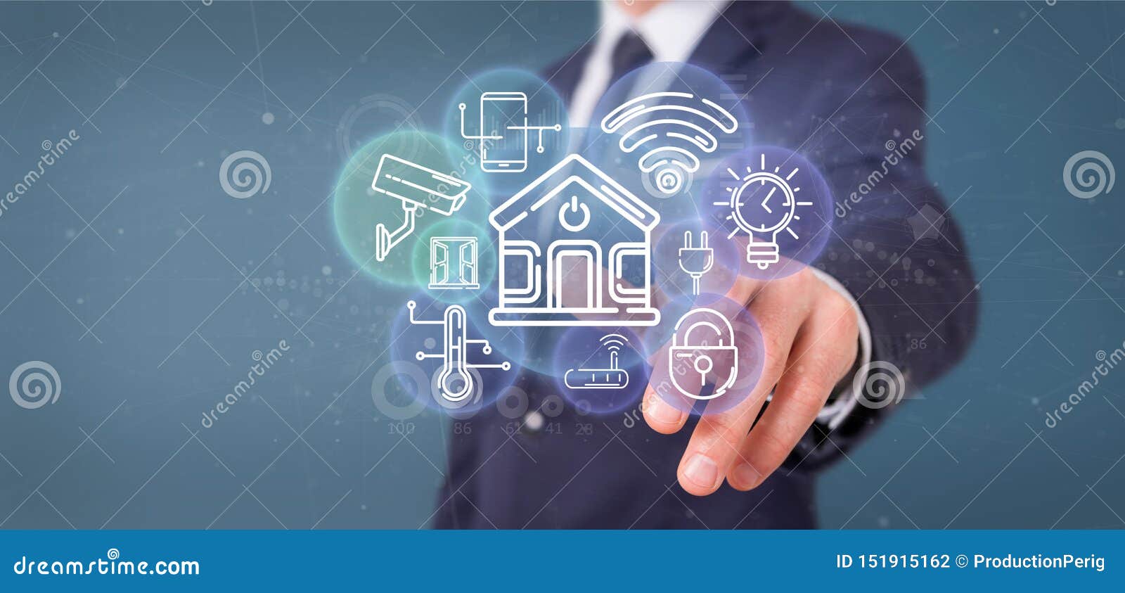 Businessman Holding Smart Home Interface with Icon, Stats and Data 3d ...