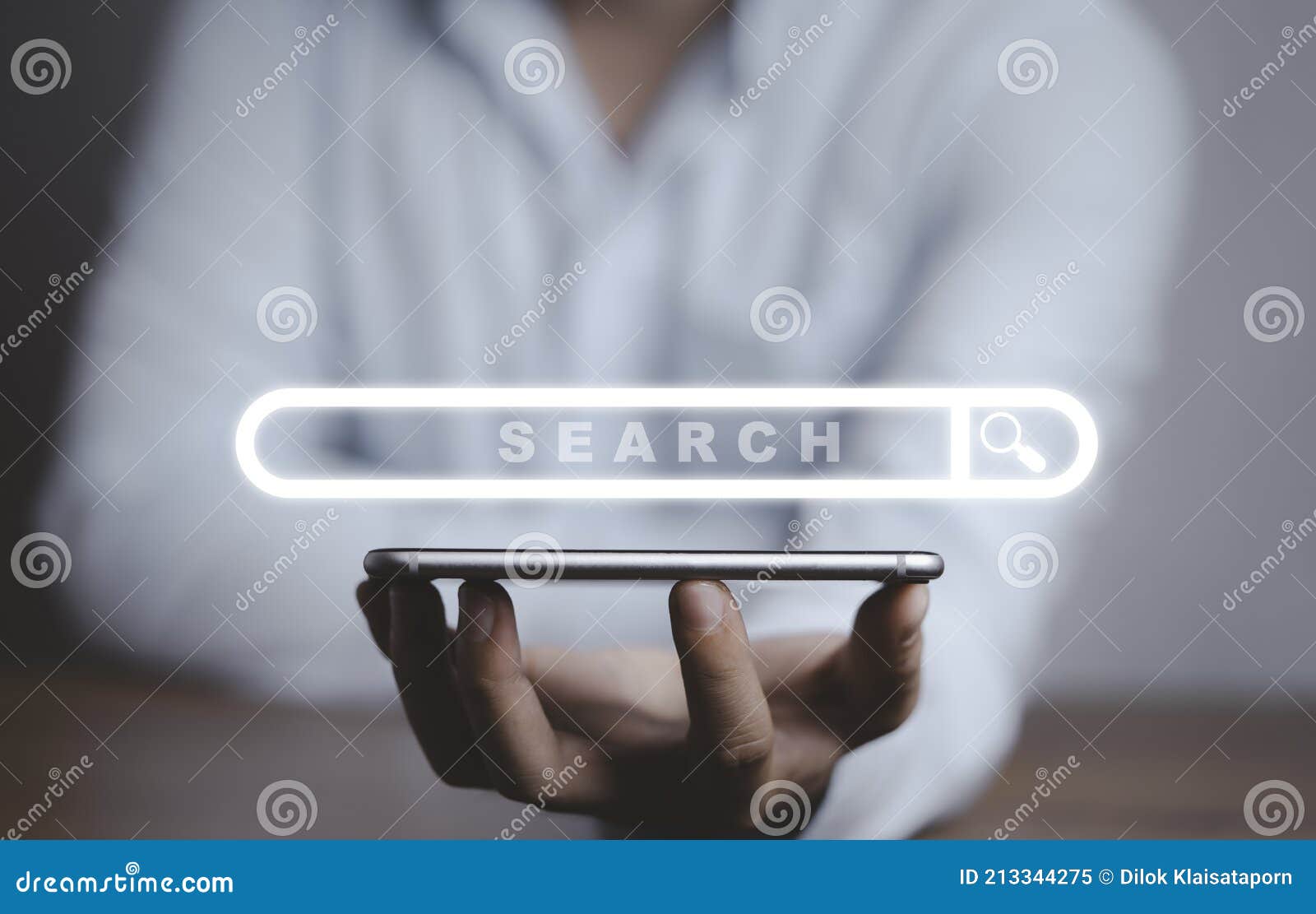 Businessman Holding Smartphone with Virtual Search Engine Browser ...