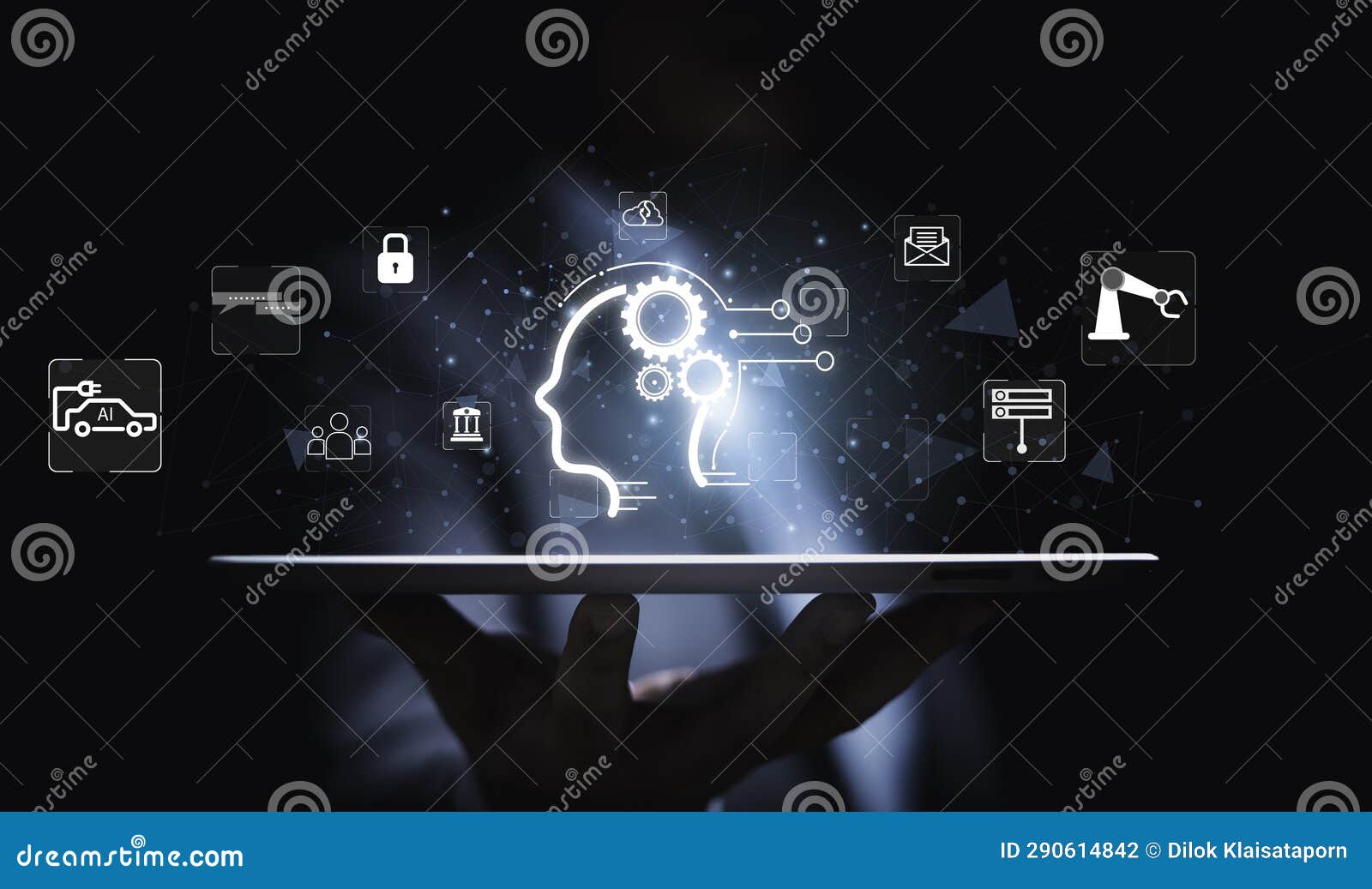 Businessman Holding Tablet with Human Thinking Icon with Technology ...
