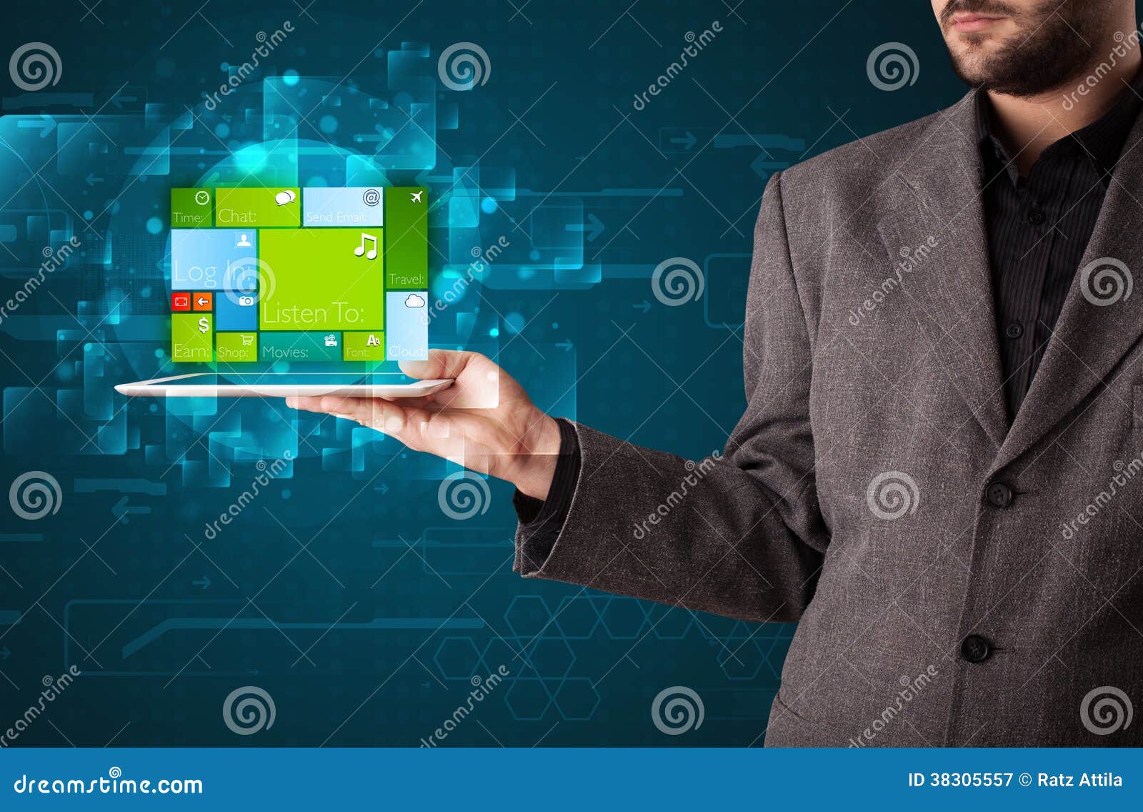 Businessman Holding a Tablet with Modern Software Operational System ...