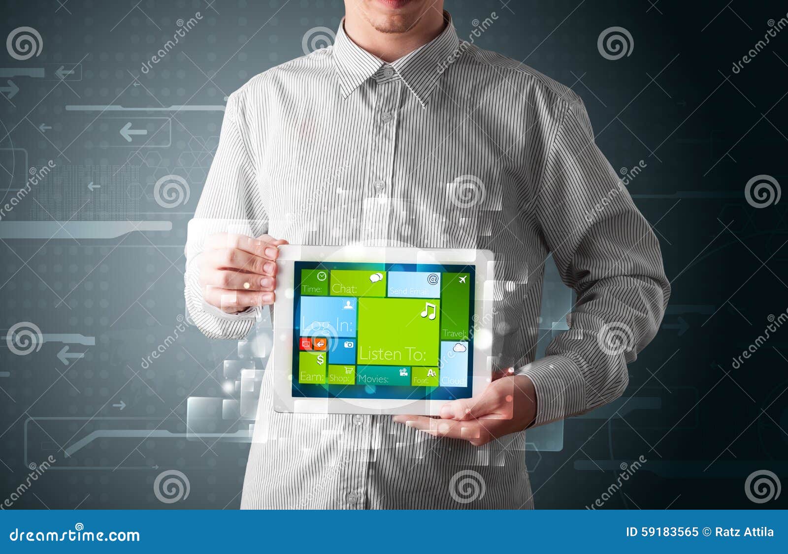 Businessman Holding a Tablet with Modern Software Operational Sy Stock ...