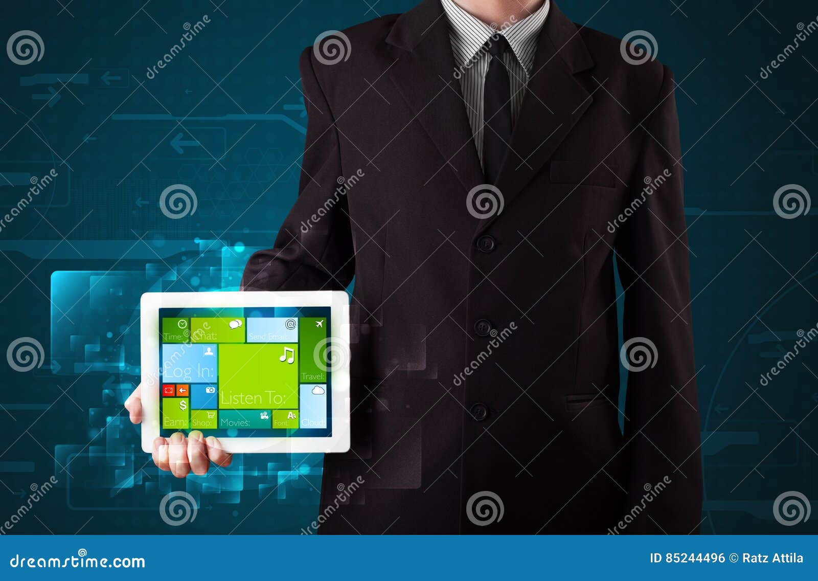 Businessman Holding a Tablet with Modern Software Operational System ...