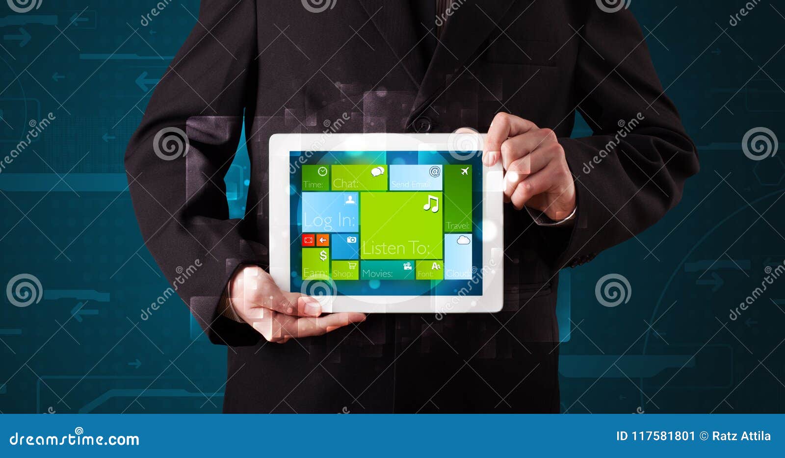 Businessman Holding a Tablet with Modern Software Operational System ...