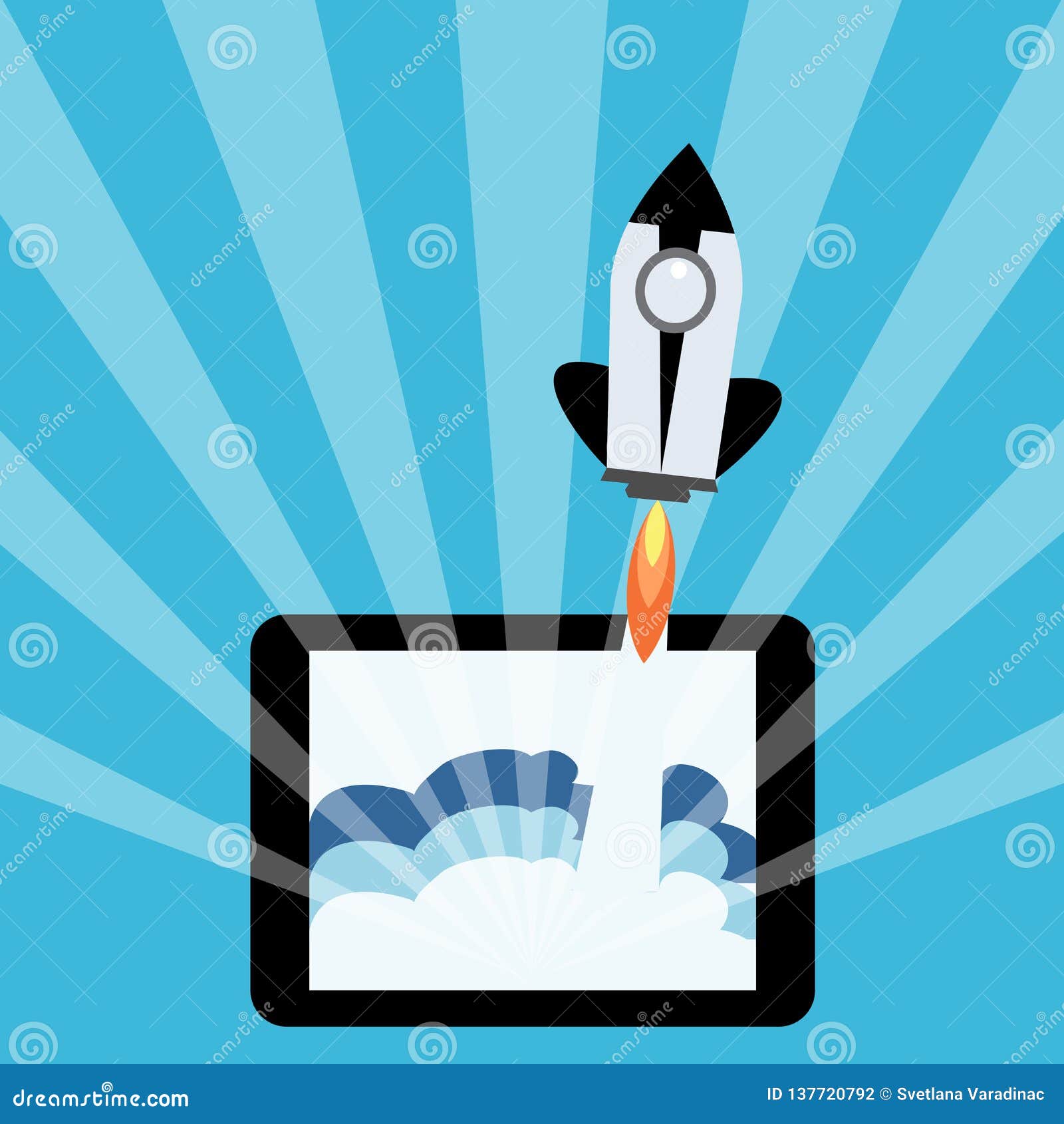Businessman Holding a Tablet with a Rocket.Concept of Start Up. Stock ...