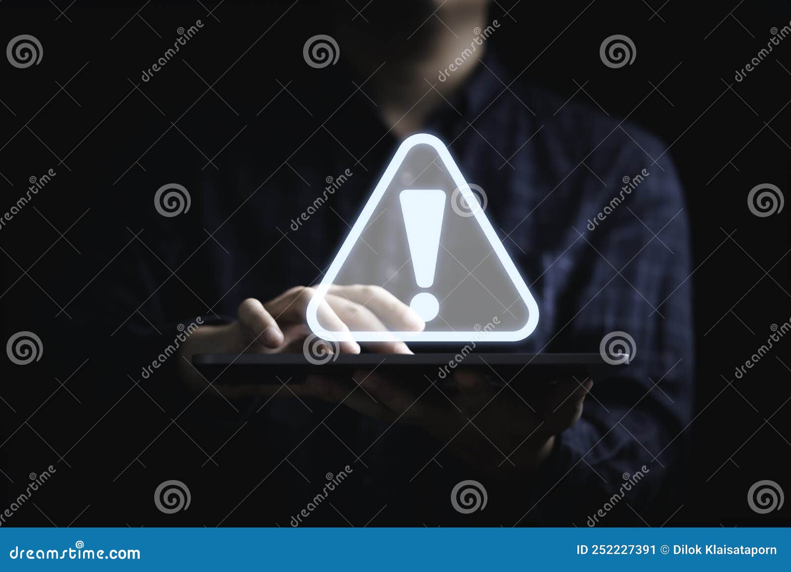 Businessman Holding Tablet with Triangle Caution Warning Sing for ...